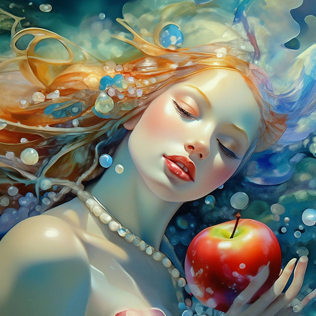 "Watercolor, mermaid bites apple, art botany, botany, underwater world ...