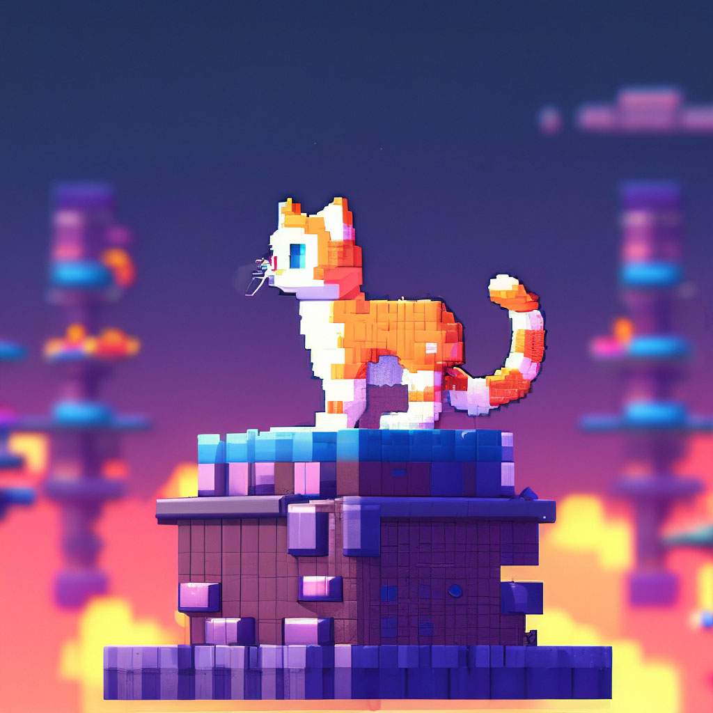 "Computer game platformer, cat moves on platforms, side view, pixel ...