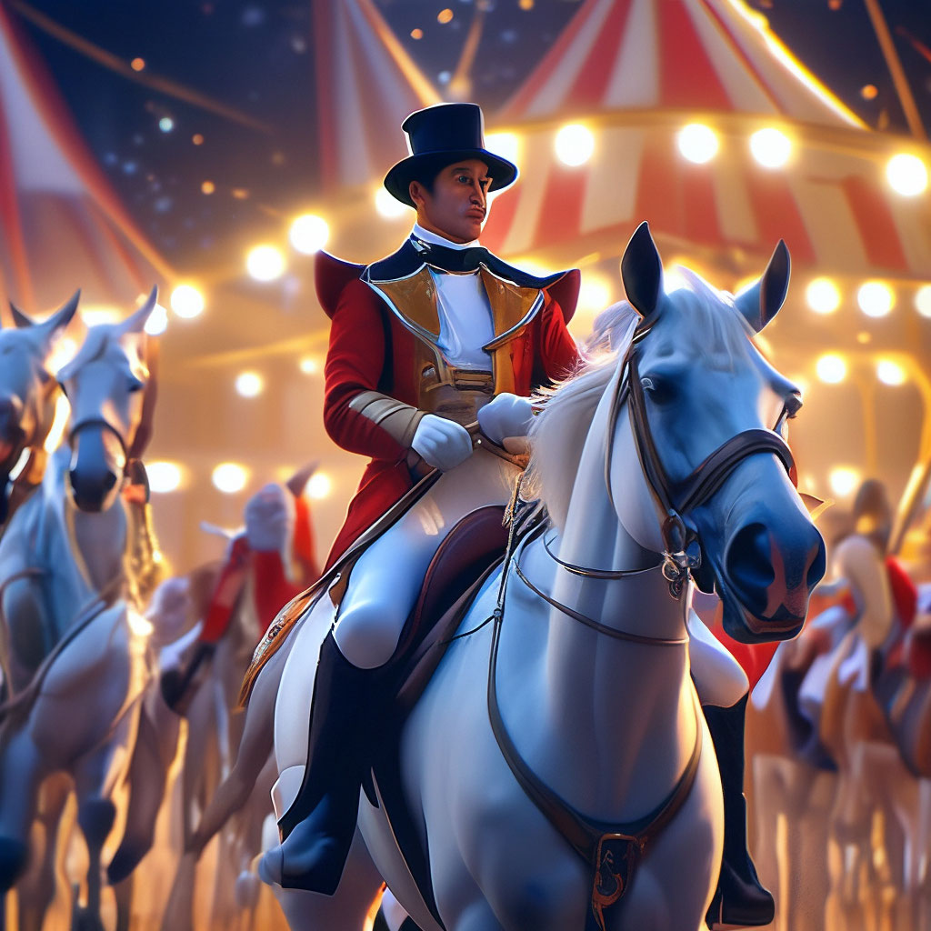 "Circus, bright lights, performance, riders on horseback , realistic ...