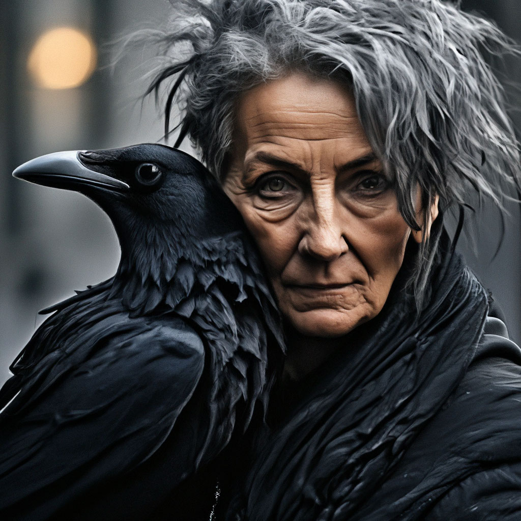 "Old woman, black raven on her shoulder" — image created in Shedevrum