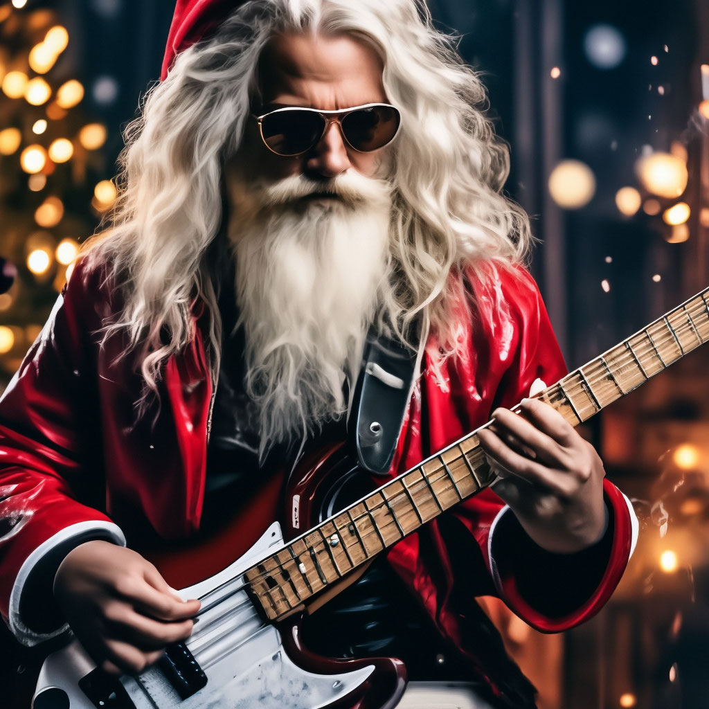 "Professional photo, stylize 1000, Santa Claus rocker, with bass guitar ...