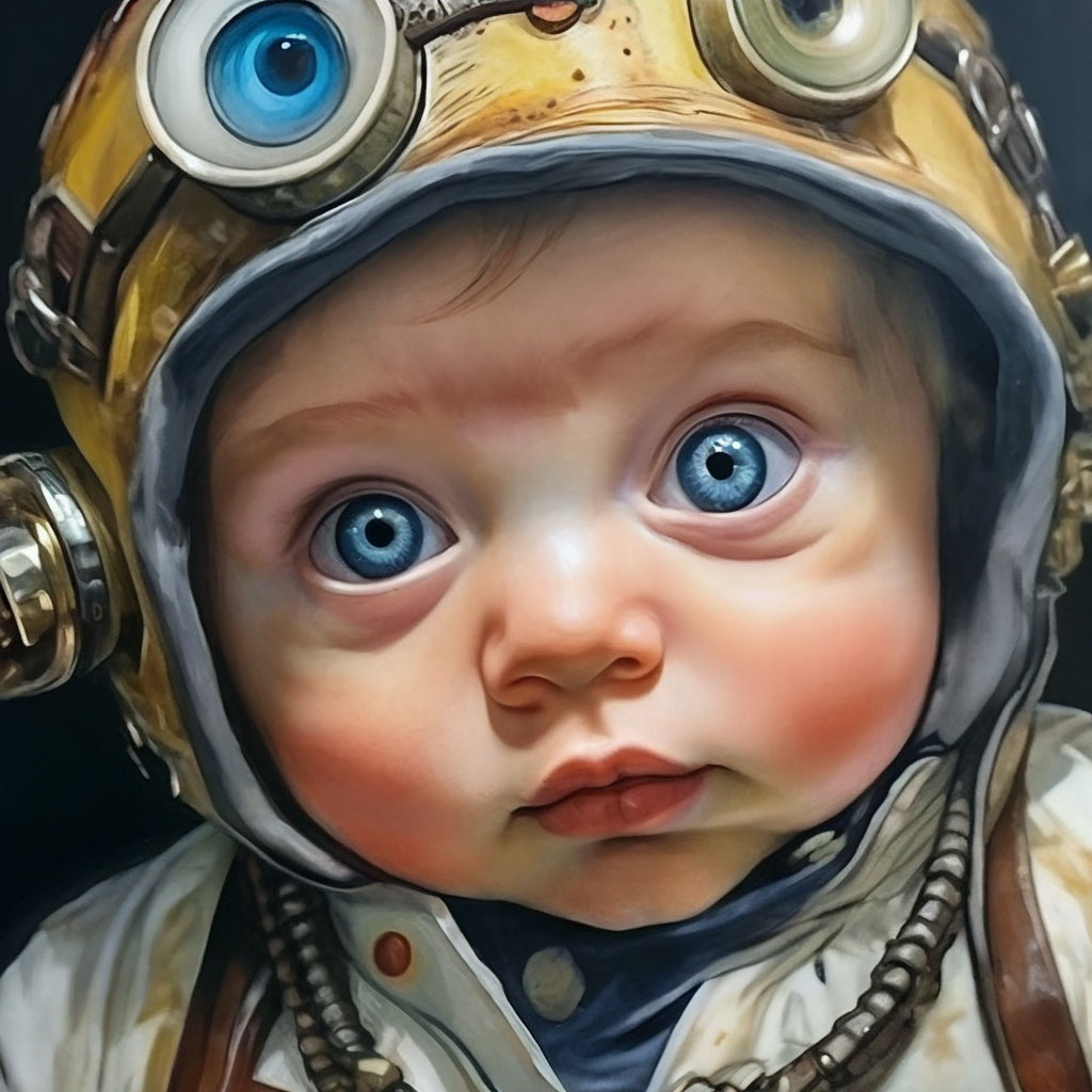 "A baby boy in a stalker costume. Big eyes. The painting is made in the ...