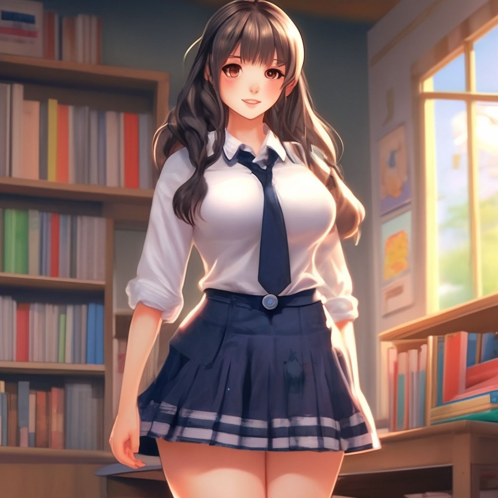 "Anime girl, in school uniform, slim waist, plump bust, big hips ...