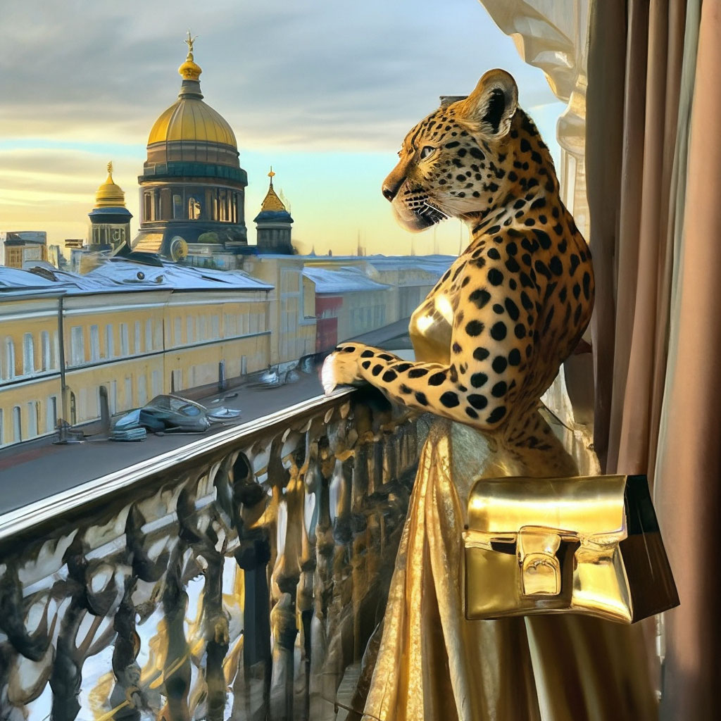 "A panther in an elegant evening dress and gold jewelry, bracelets ...