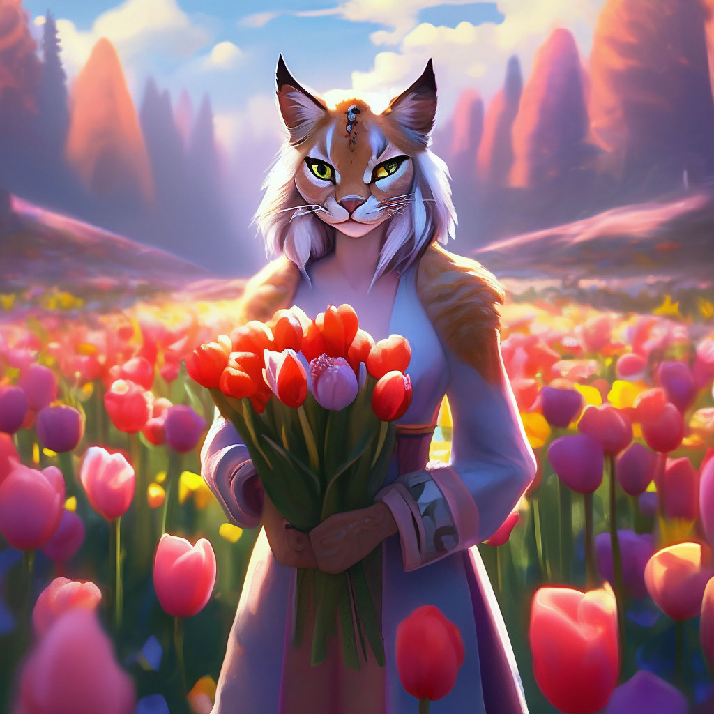 "Romantic 🥰 An anthropomorphic cool,glamorous lynx stands in a field of ...