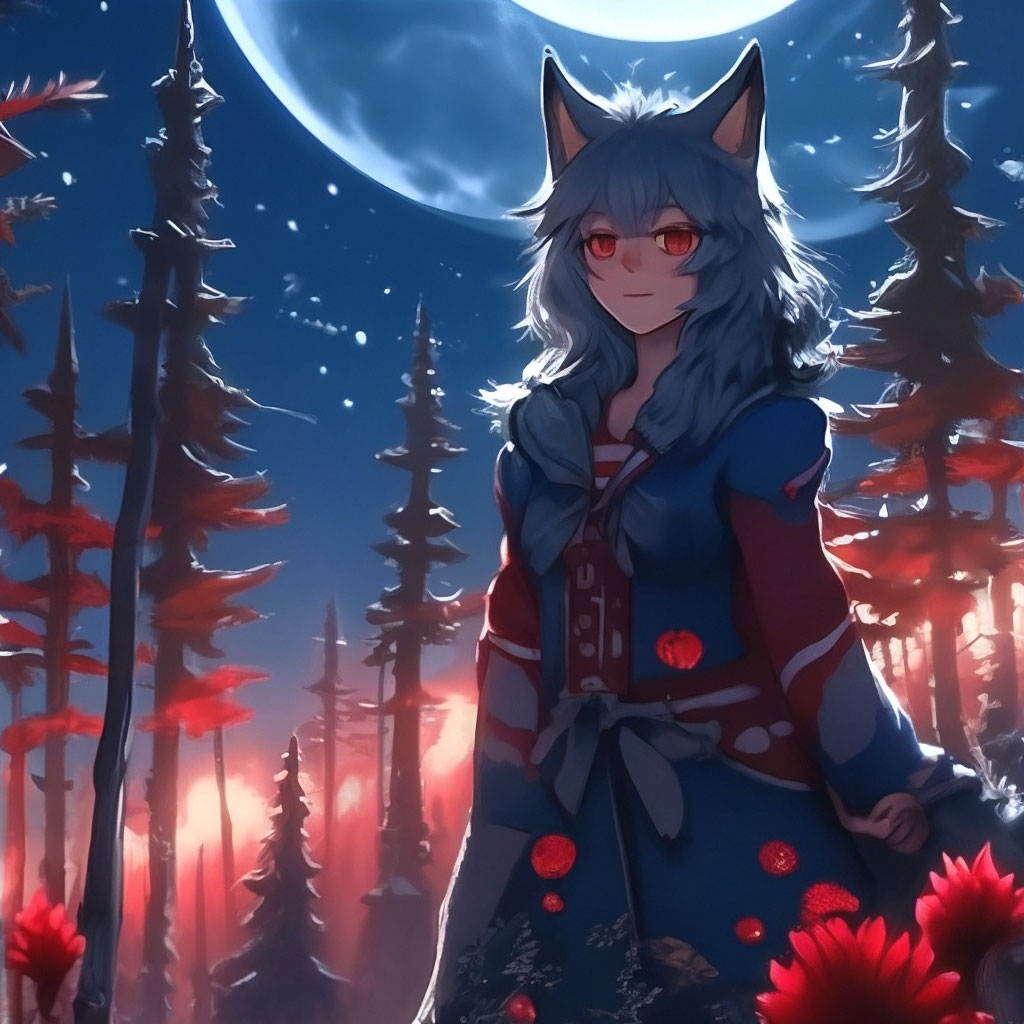 "💚⁶13 The world of wolf girls dried firs and pines, cold night forest ...