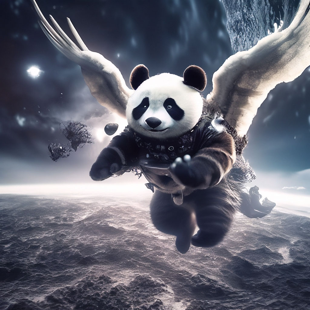 "Anthropomorphic panda angel flying through outer space around a star ...
