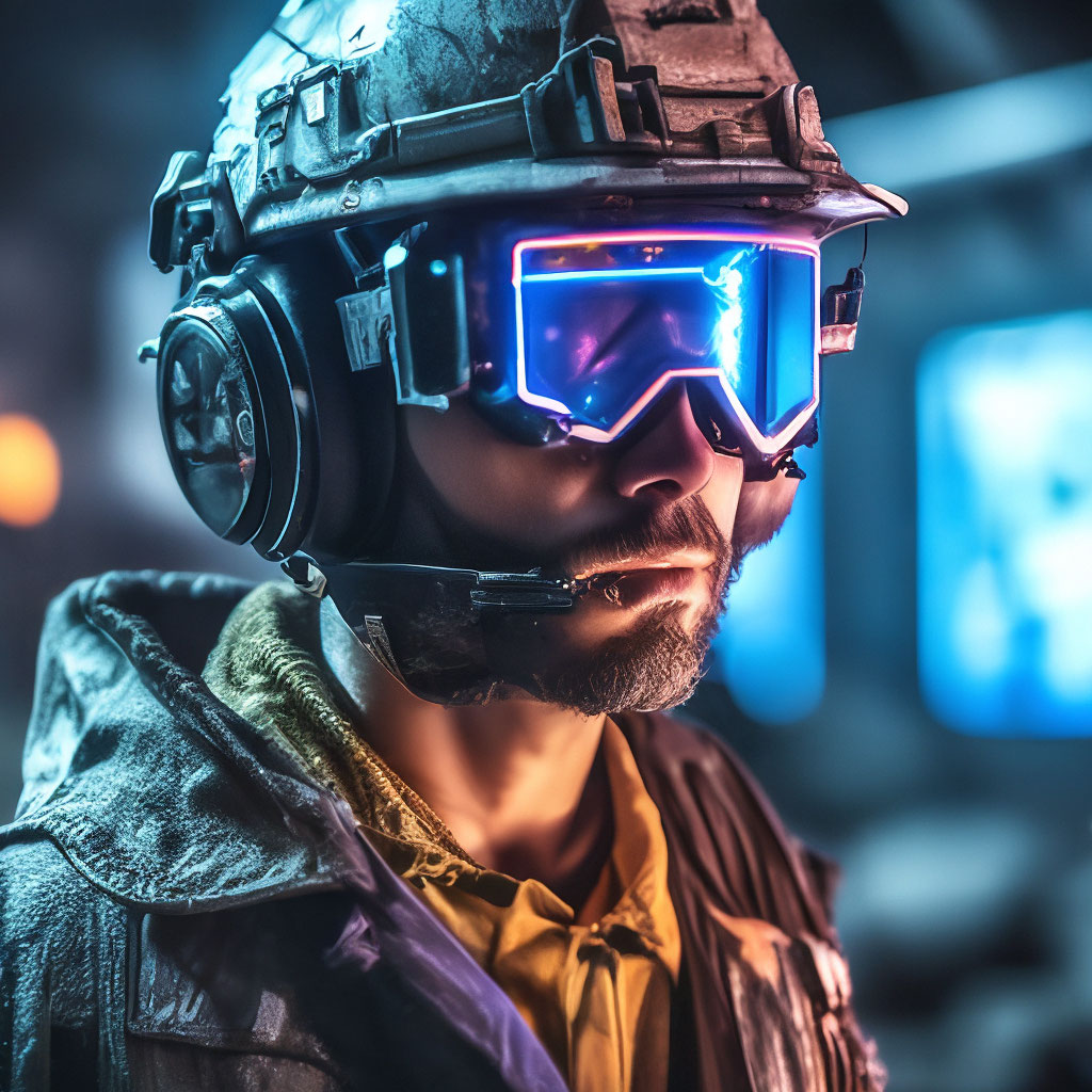 "Megarealistic, 85mm,magic light, portrait of a mining worker in VR ...