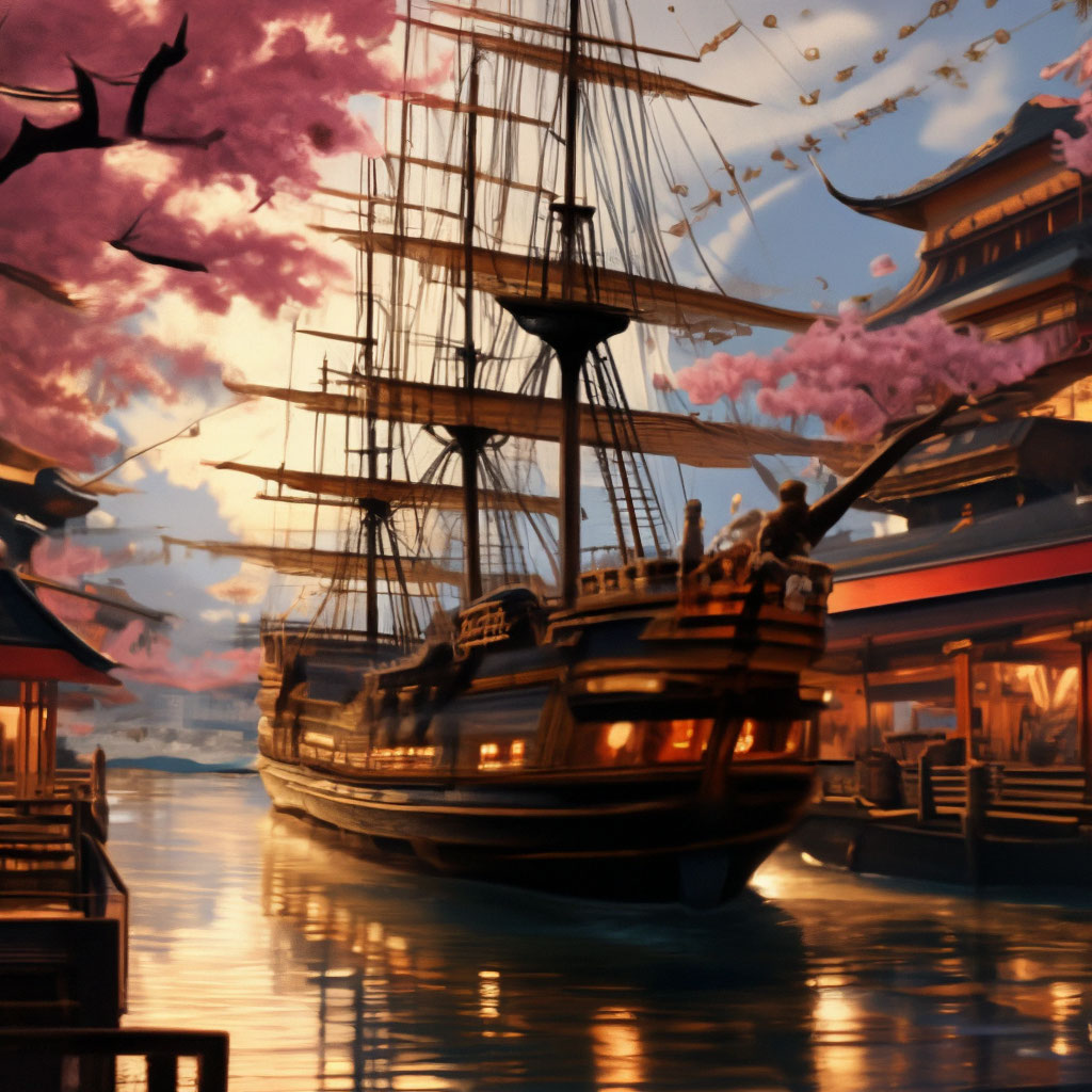 "Japanese ship, sakura, pandaria, drawing, aesthetically pleasing, high ...