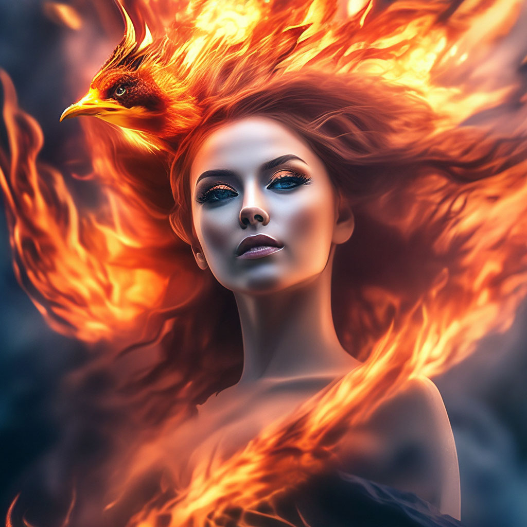"Beautiful phoenix girl is reborn from the flame, expressive look ...
