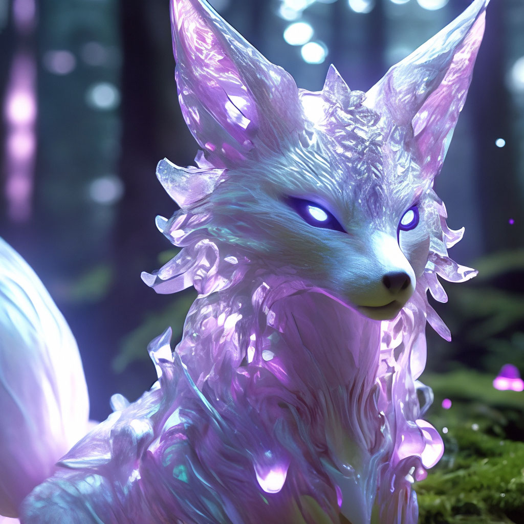 "Ghostly translucent kitsune through the light futuristic shimmering ...