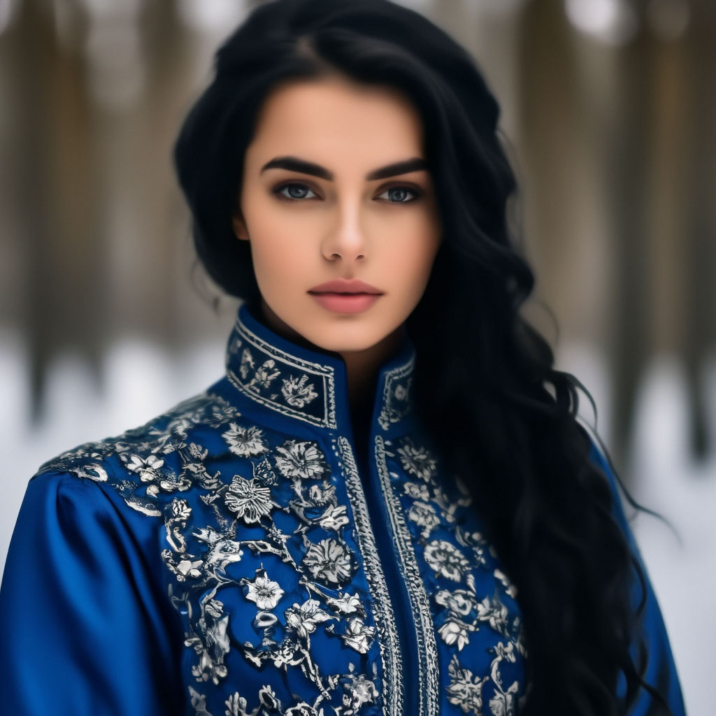 "💫 a beautiful black-haired Cossack girl in an indigo blue caftan with ...