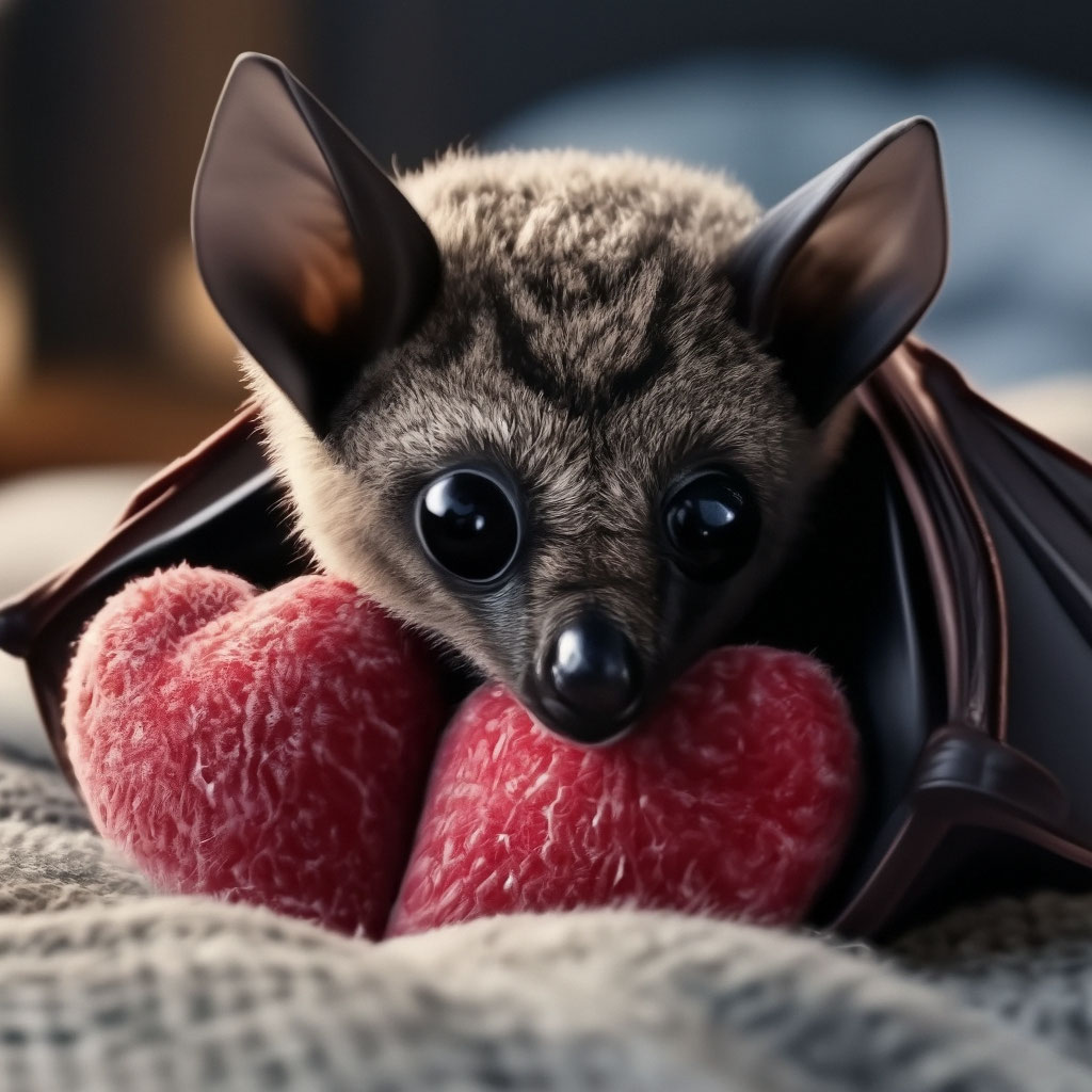 "A bat sleeps in pajamas hugging a plush heart, hyperrealism, digital ...