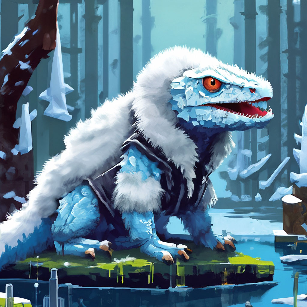 "An ice lizard in a fur coat catches flies with its tongue, jungle, ice ...