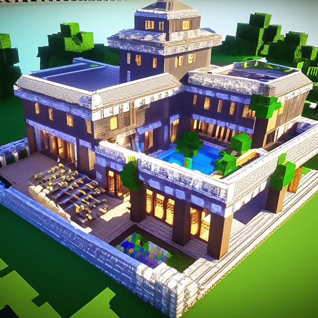"Nubik from Minecraft builds a diamond house" — image created in Shedevrum