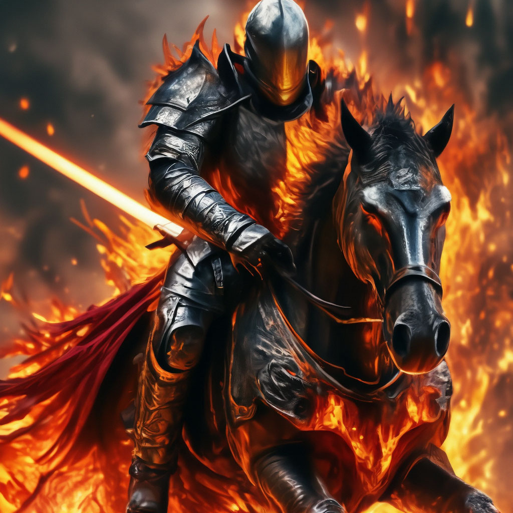 "A fiery knight with flaming eyes sits on a fiery horse with a burning ...