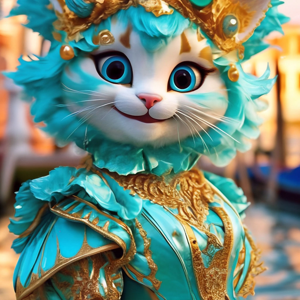 "Anthropomorphic, smiling, big-eyed, sly kitty, at the Venice carnival ...