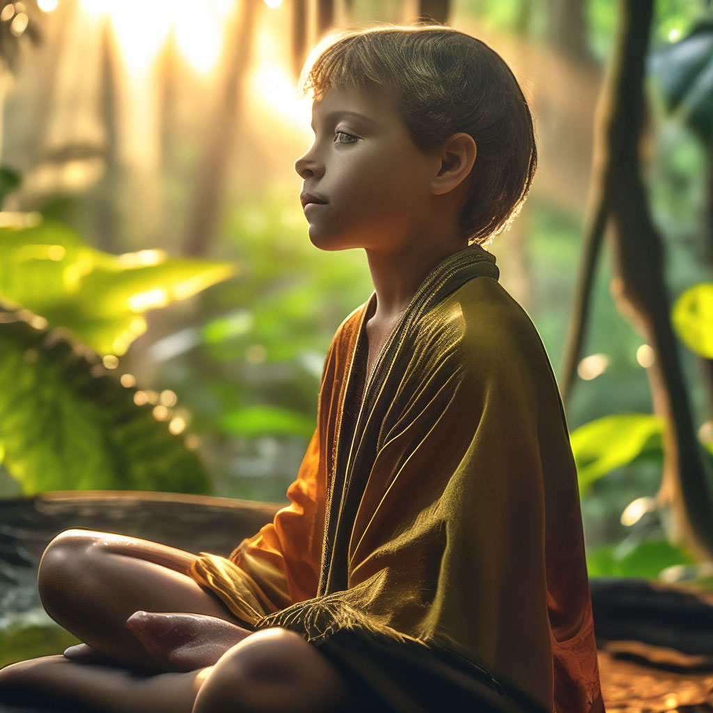 "Model boy of ten meditates in the jungle during sunrise, photo ...