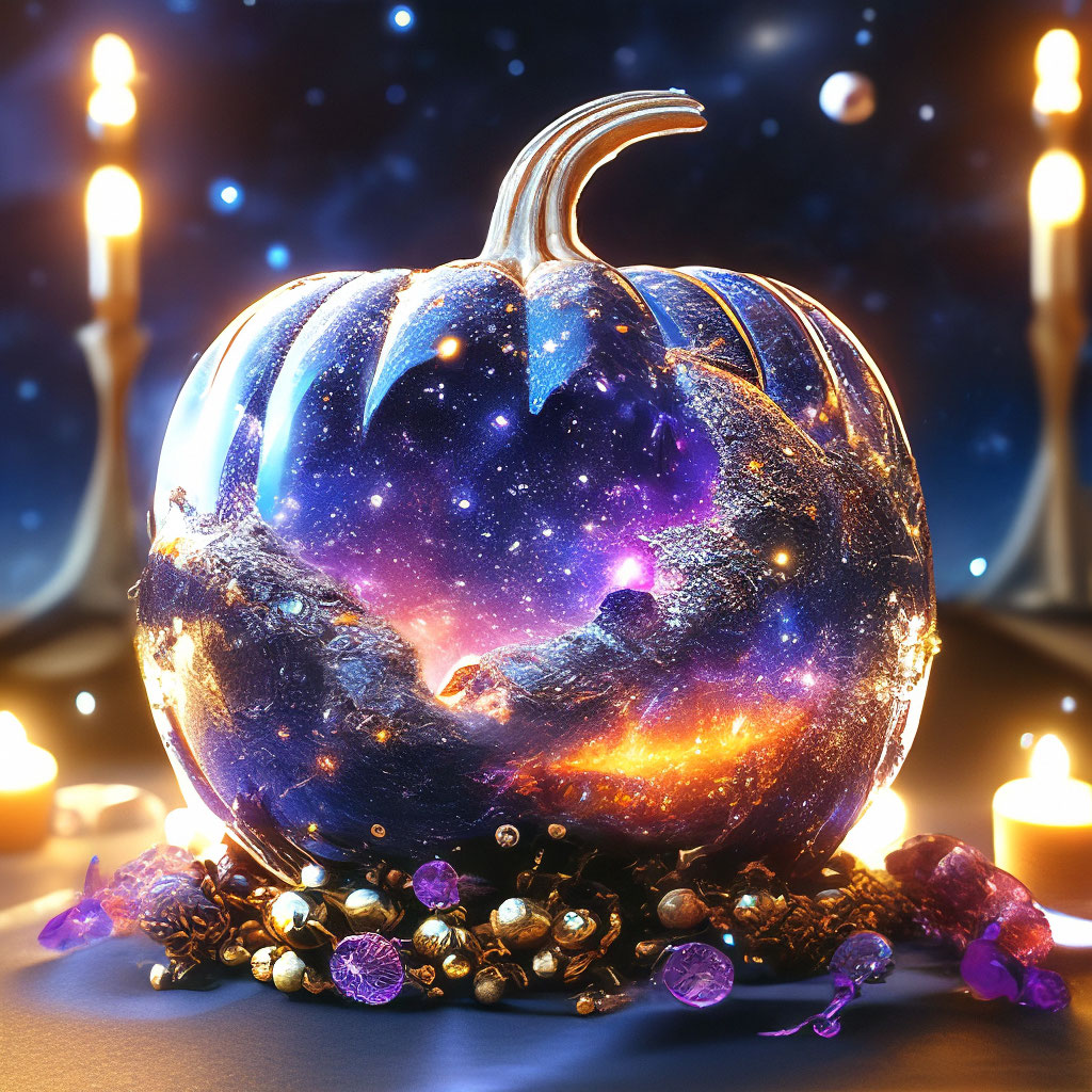 "An epic Halloween pumpkin with space, stars, galaxies, clouds, planets ...