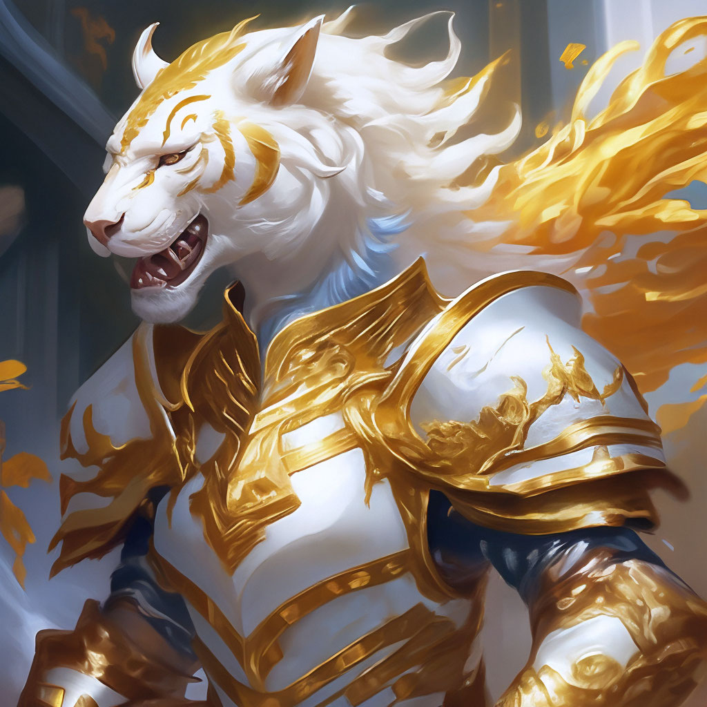 "A white chimera in golden armor. Colorful." — image created in Shedevrum