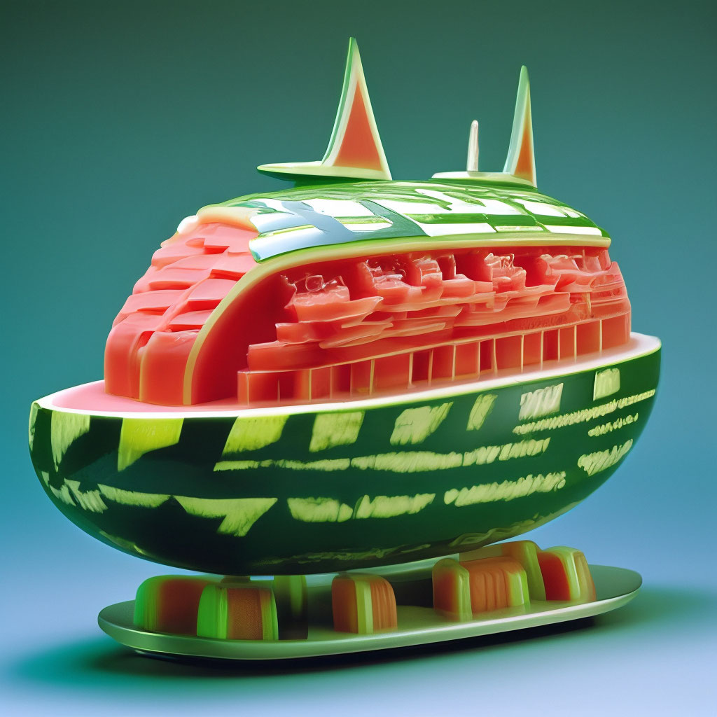 "A ship is carved out of a watermelon." — image created in Shedevrum