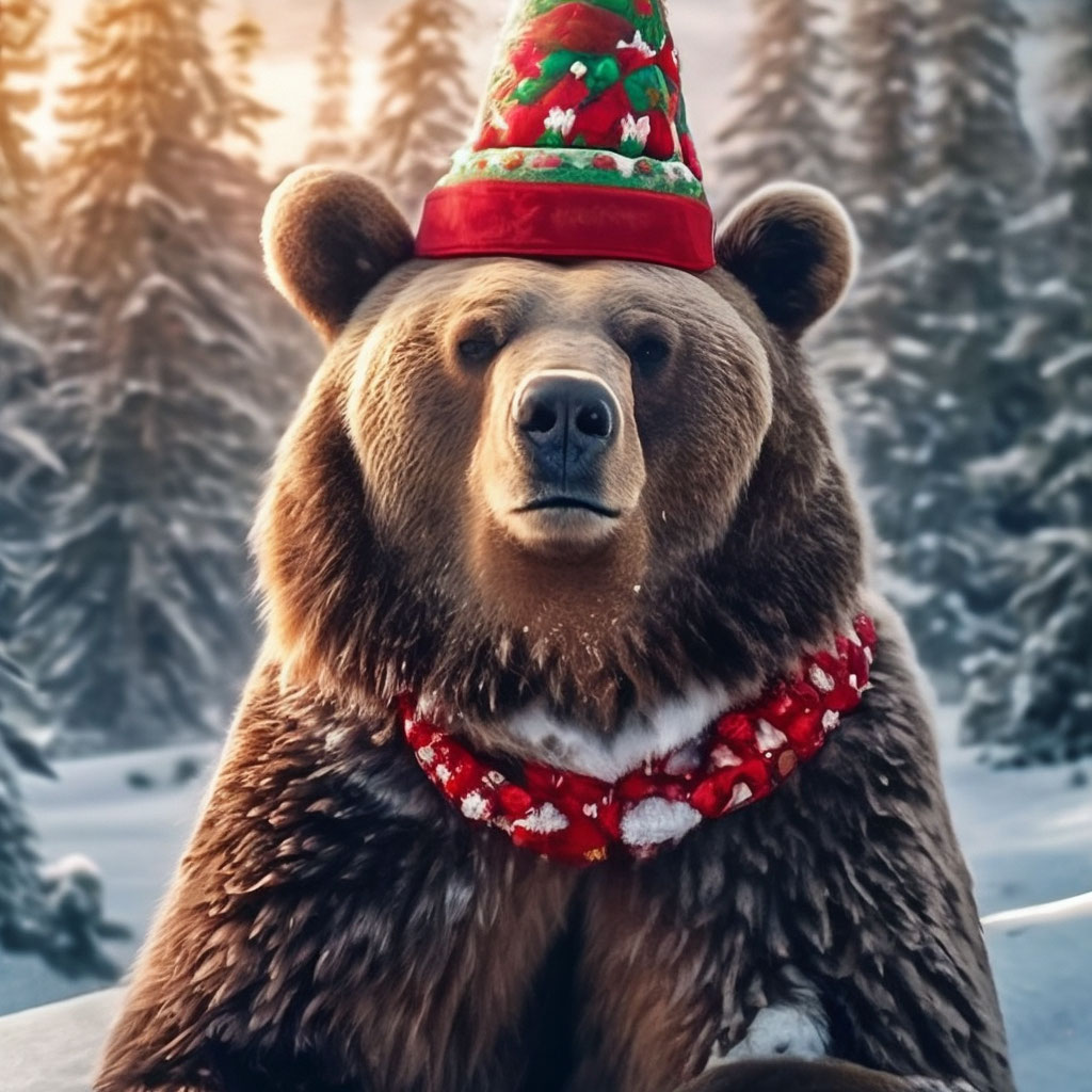 "A New Year's brown bear. He is wearing a Santa hat, surrounded by a ...
