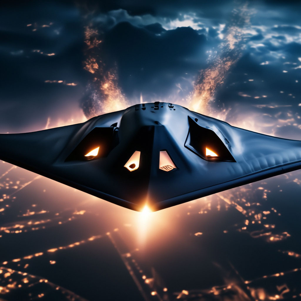 "Stealth bomber B-2 flying in the night sky" — image created in Shedevrum