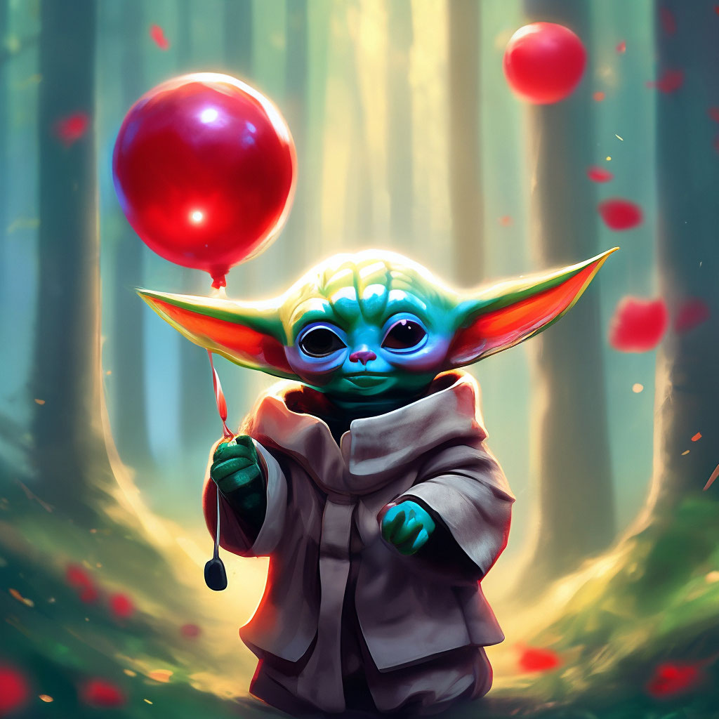 "Yoda with a ball in his hand. Cute Yoda with red balloons in the ...