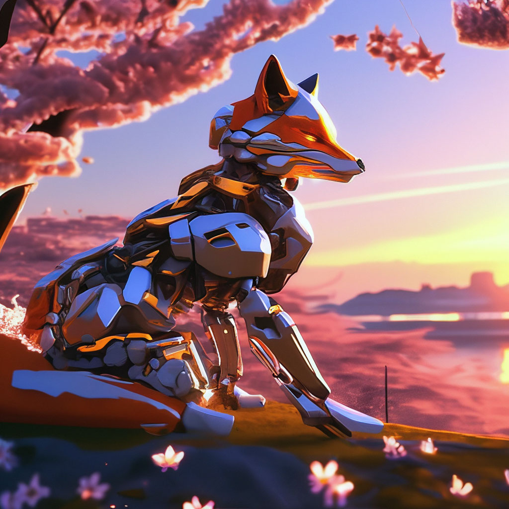 "Hyperrealistic cyber fox under sakura mechanical fox steel" — image ...