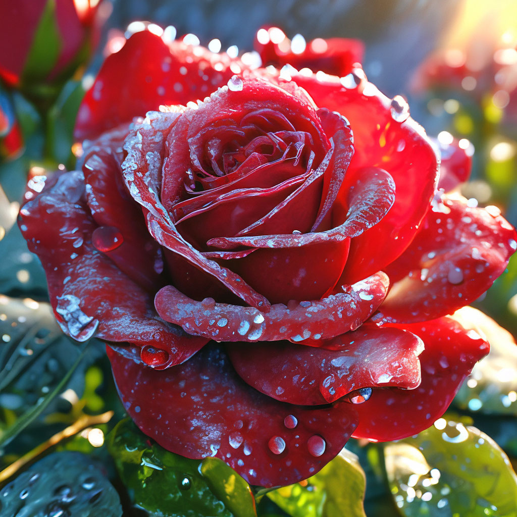"Huge, juicy lush bush of scarlet, red roses,complex,amazing, magical ...