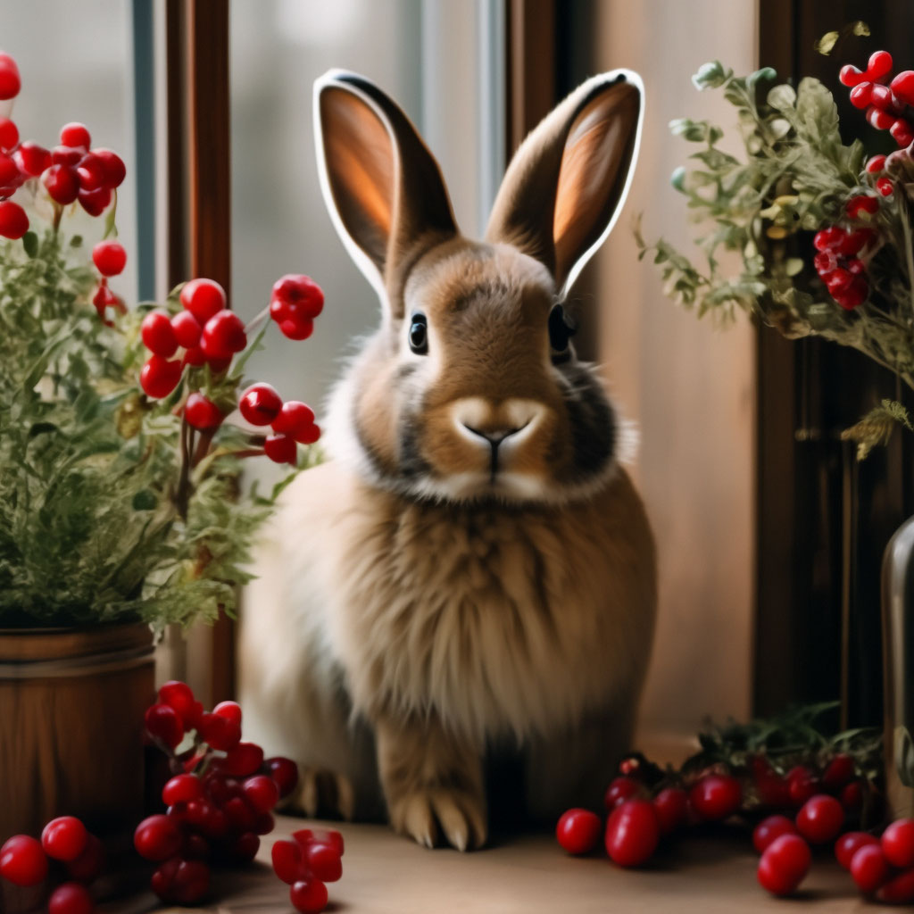 "A cute little dwarf rabbit is sitting on the windowsill, next to a ...