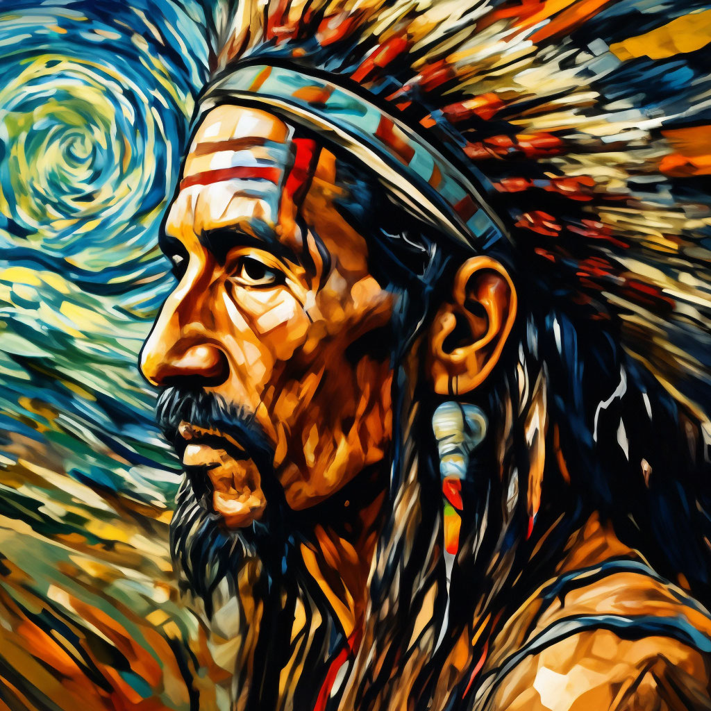 "Nagual,indian shaman,profile,impressionism,in the style of van Gogh ...