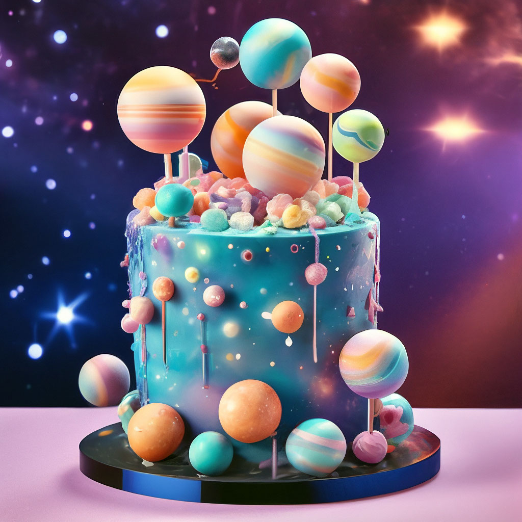 "Cosmic-galactic cake with planets around high waves of transparent ...