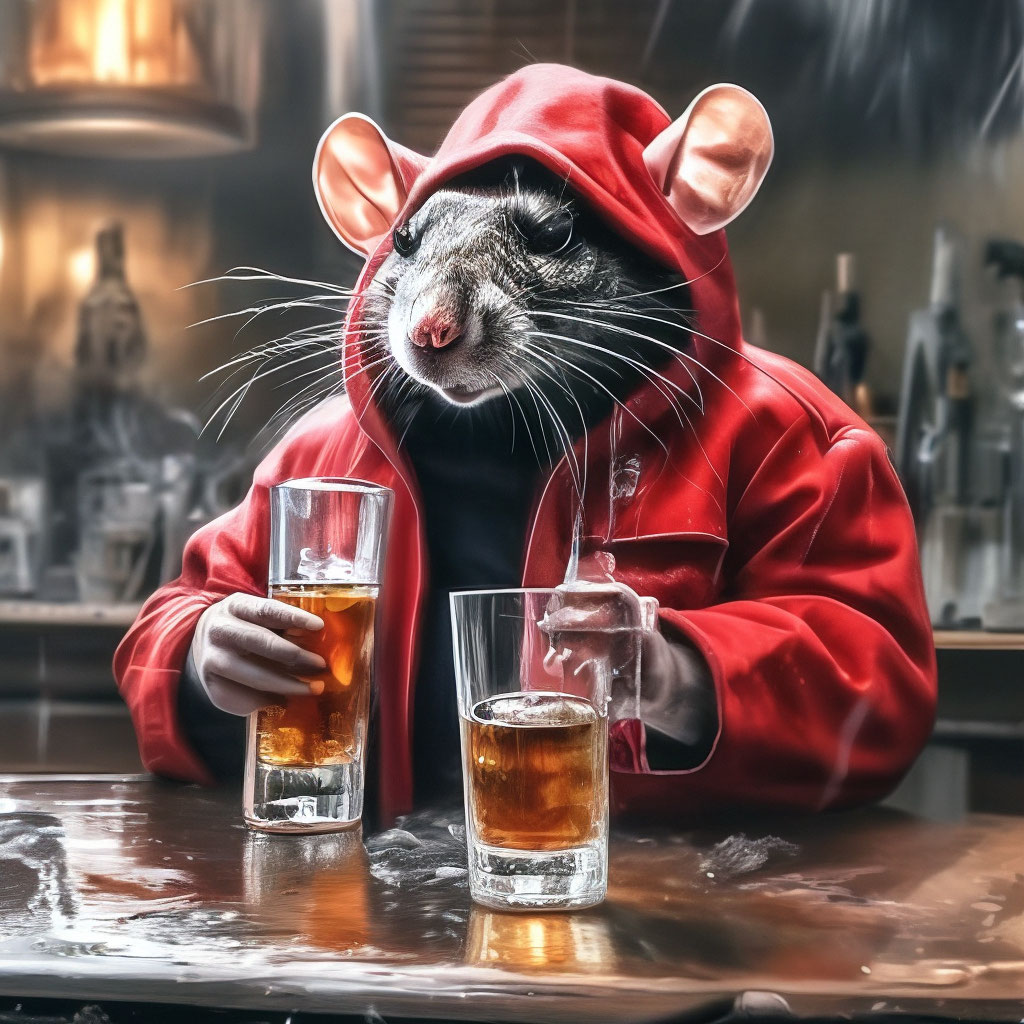 "Realistic black rat on the bar in a red hoodie is sitting and drinking ...