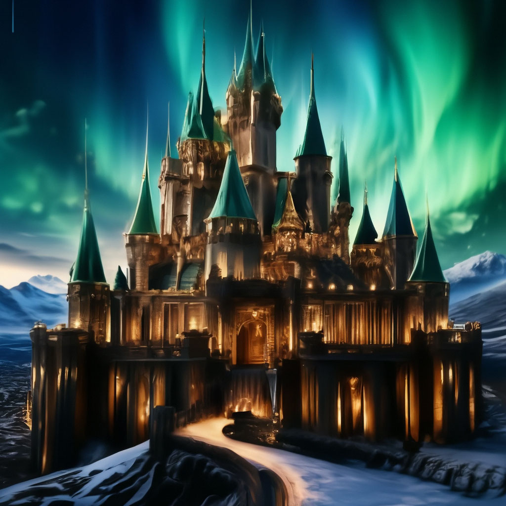 "🤍 magical emerald castle, elegant, northern lights, stars" — image ...