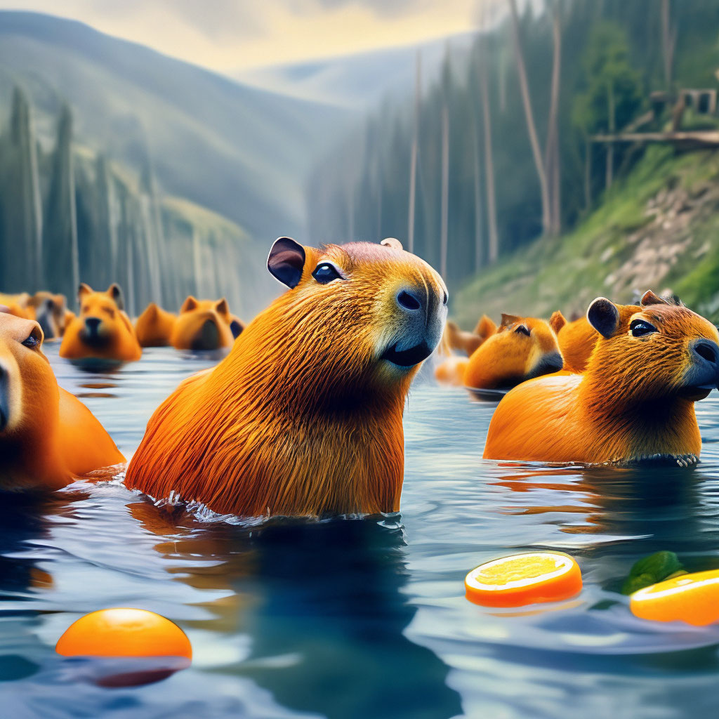 "A lot of capybaras in the pool with oranges Russian forest mountains ...