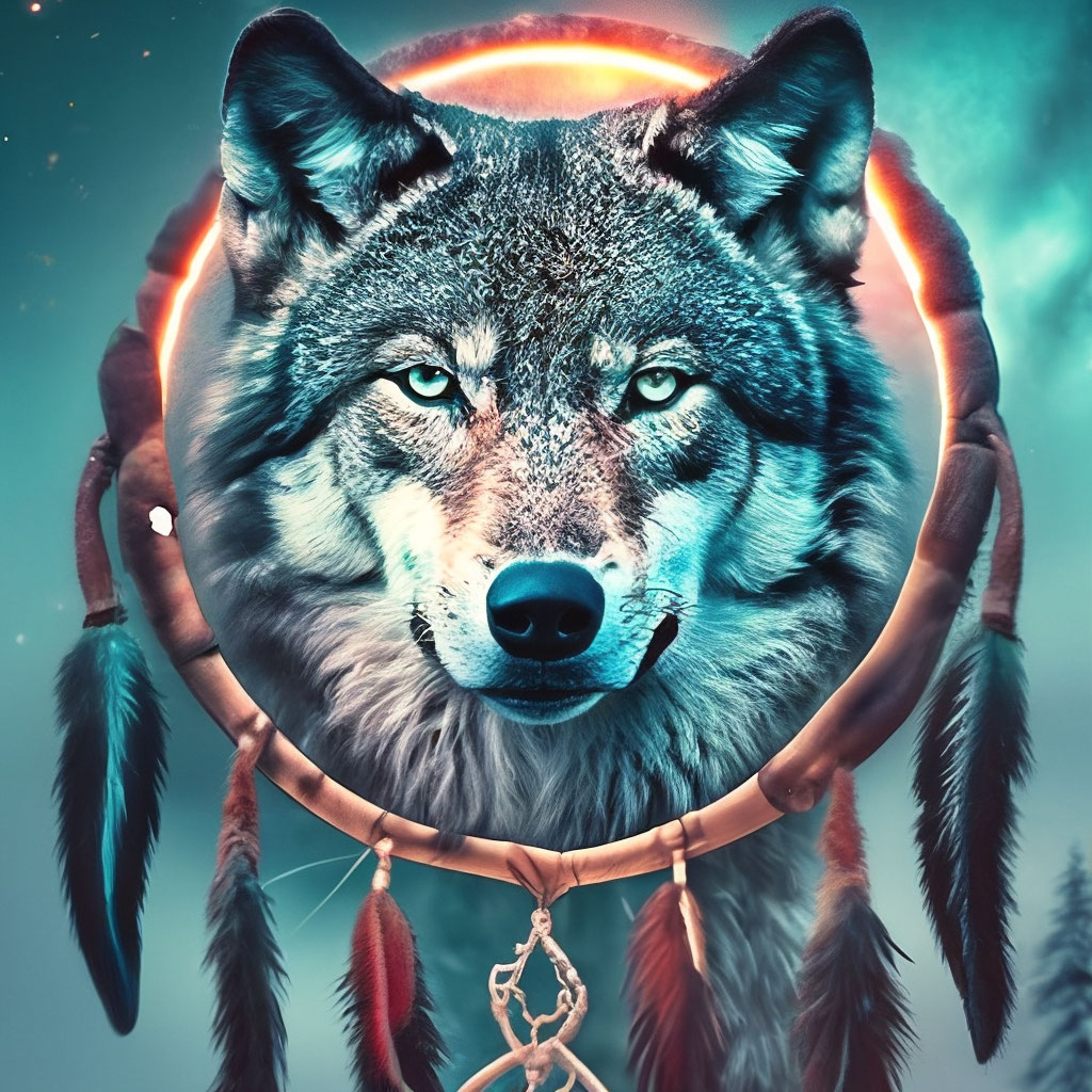 "Intricately triple exposure, lunar eclipse dreamcatcher, fiery-eyes ...