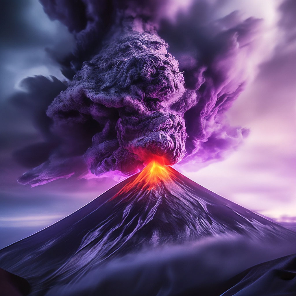 "A volcano spewing purple smoke. hyper realistic. dark tones, neon ...