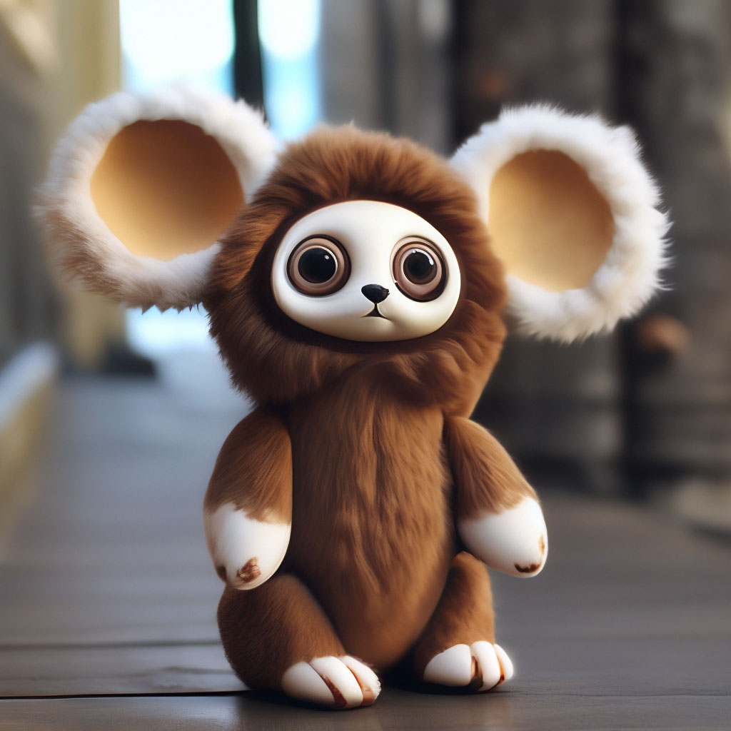 "Funny creep fluffy brown Cheburashka with big round ears perpendicular ...