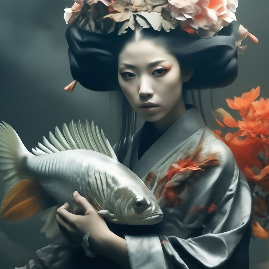 "Geisha, flowers in her hair, hugs a fish" — image created in Shedevrum