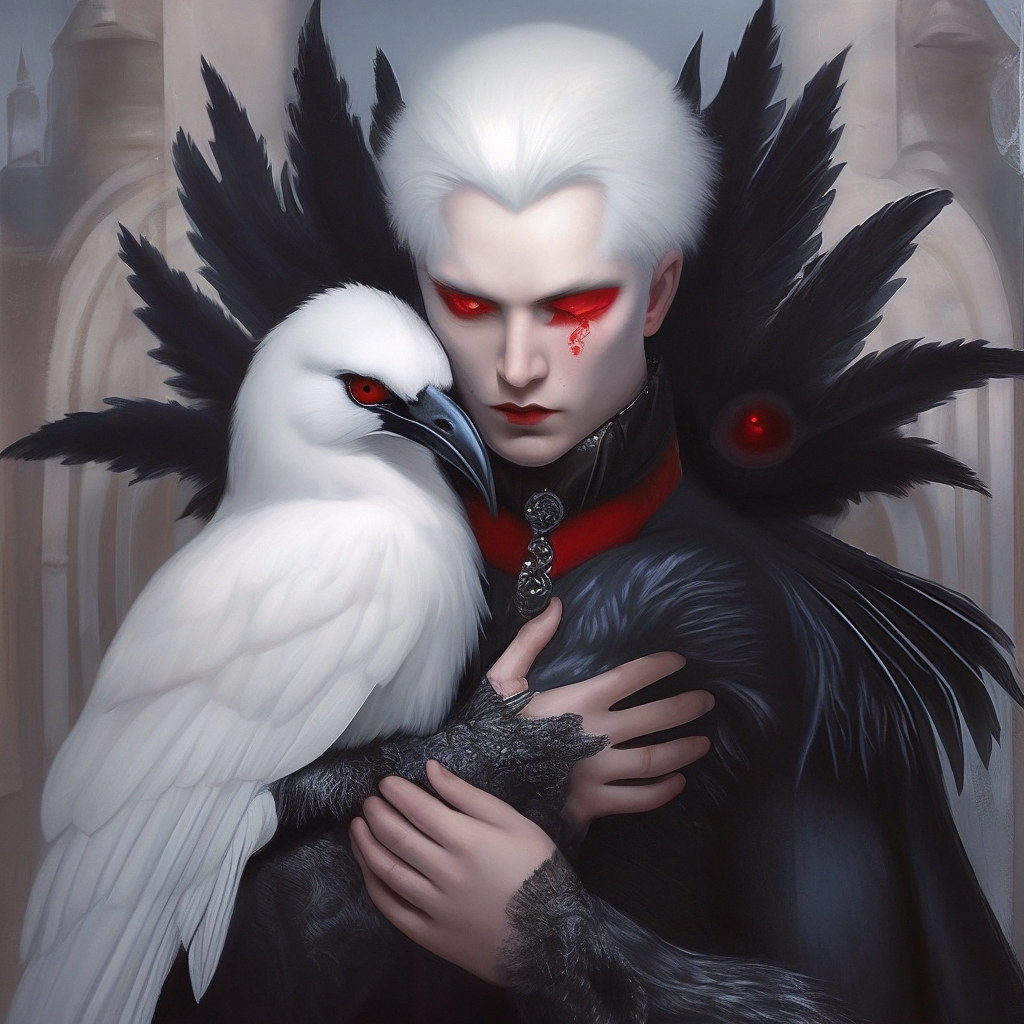 "A black human-like raven with feathers and claws holds a white raven ...