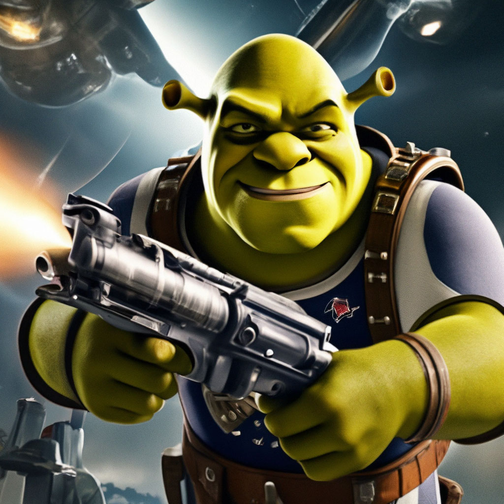 "Shrek is in space, firing a blaster at the patriots" — image created ...