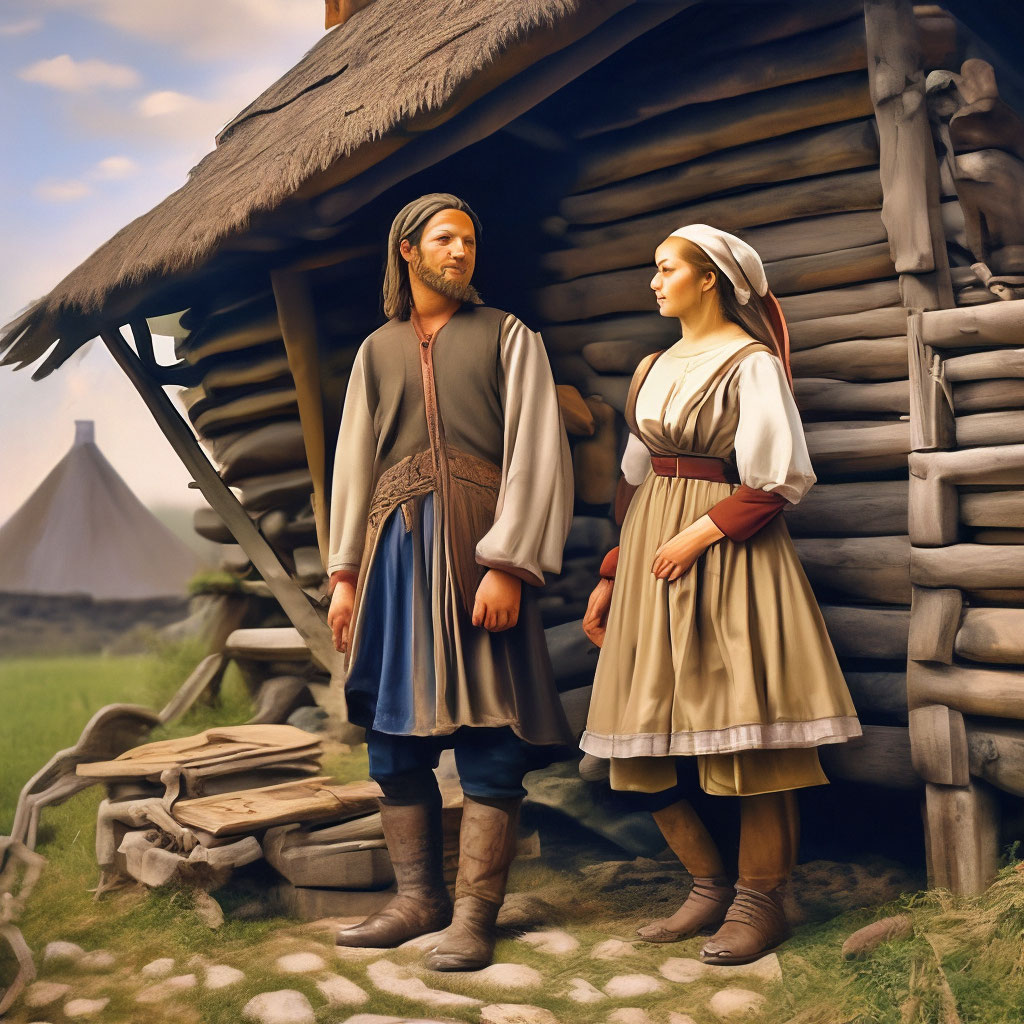 "A rickety hut of poor peasants of the XVII century, two people are ...