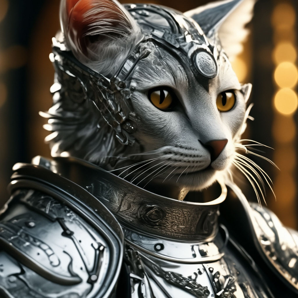 "Cat knight, portrait, detailed armor, intricate design, silver, silk ...