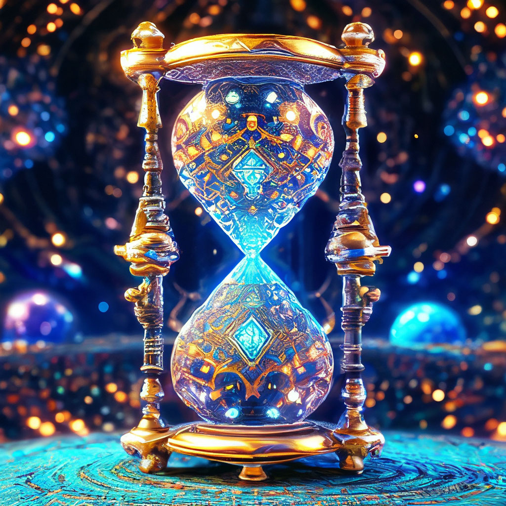 "Detailed intricate patterned crystal hourglass with the universe ...