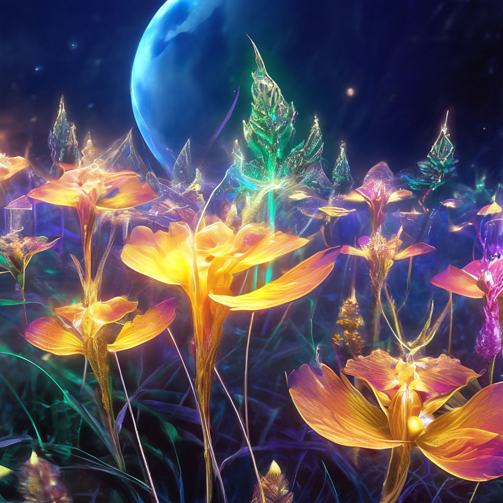 "A field with alien huge multicolored fractal iris flowers-orchid, full ...