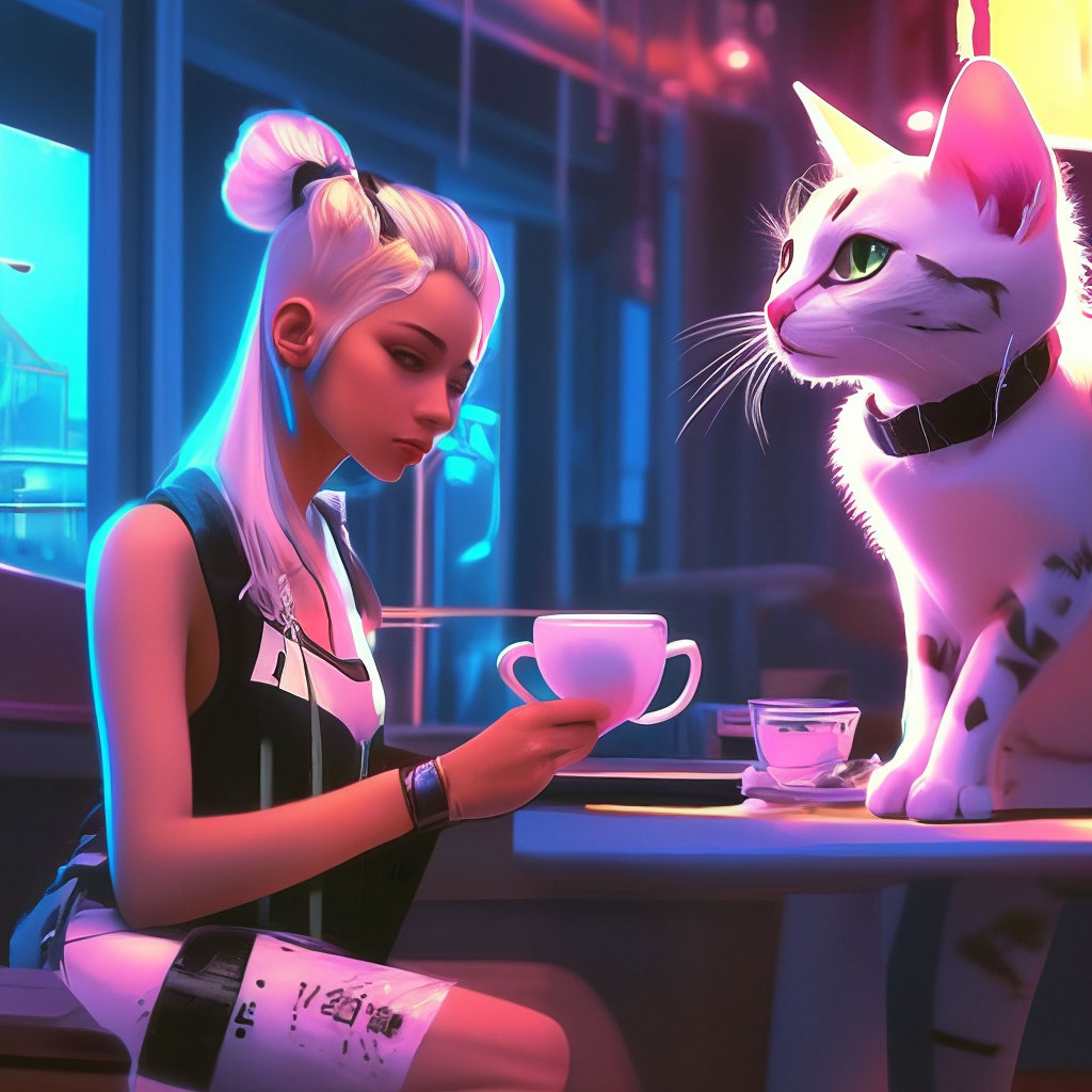 "A girl drinks tea in the evening in a house next to a piebald cat ...