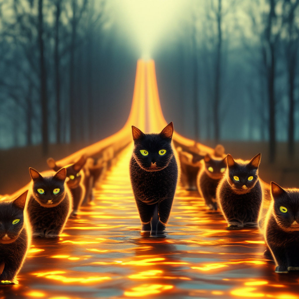 "Glow art, acid light, vector graphics, fractal, a lot of cats, road ...