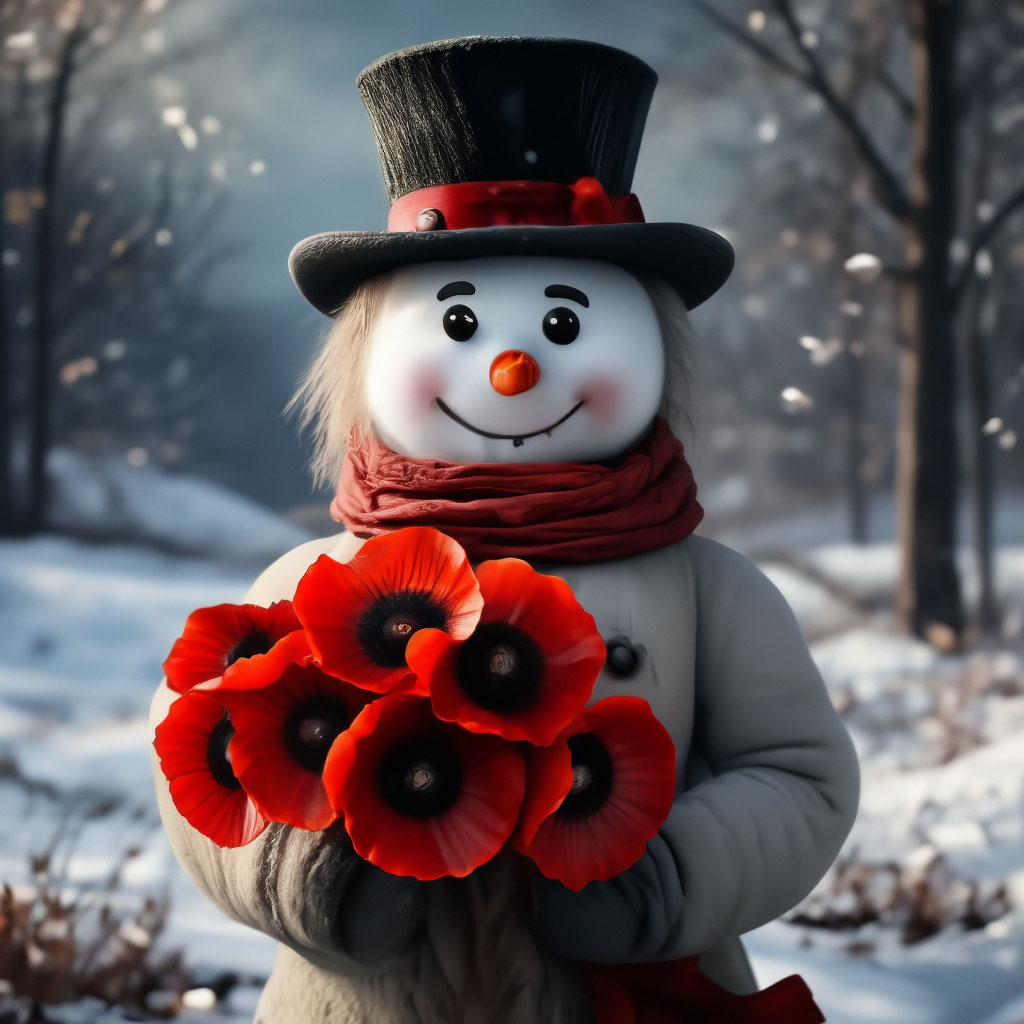 "A snowman with a bouquet of poppies" — image created in Shedevrum
