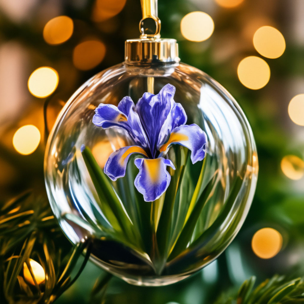 "A transparent crystal Christmas tree ball, inside a garland and irises ...